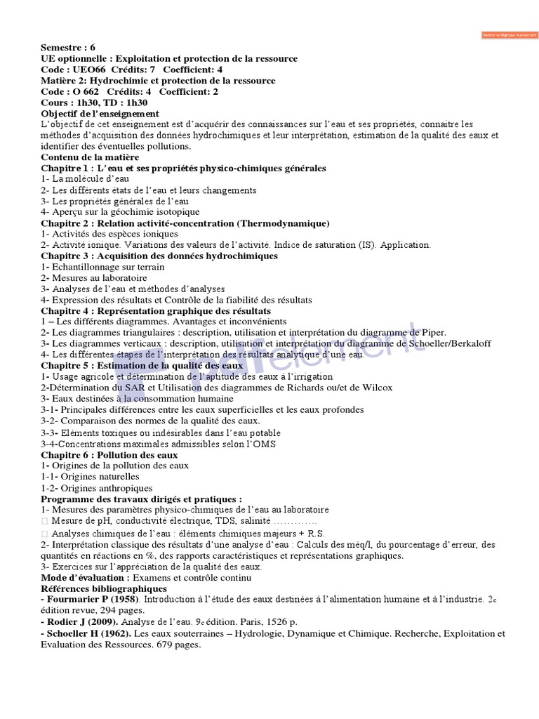 Cours Hydrochimie Et Protection de La Ressource | PDF | Ion | Concentration molaire