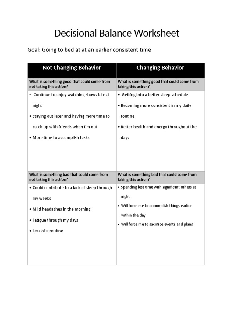 Decisional Balance Worksheet 1 2 | PDF | Psychological Concepts ... Decisional Balance Worksheet 1 2 | PDF | Psychological Concepts ...