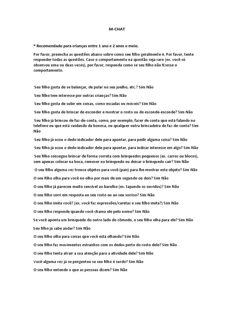 Questionário M-CHAT para rastreamento inicial de sinais de autismo em ...