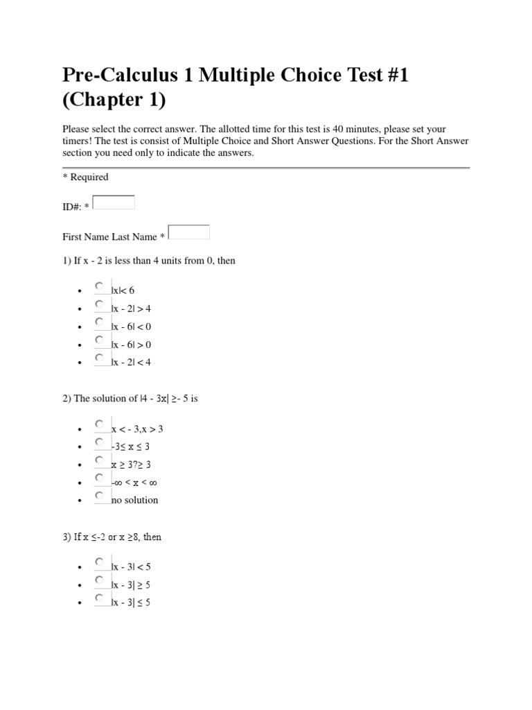 Pre-Calculus 1 Multiple Choice Test #1 (Chapter 1) | PDF | Mutual Funds ...