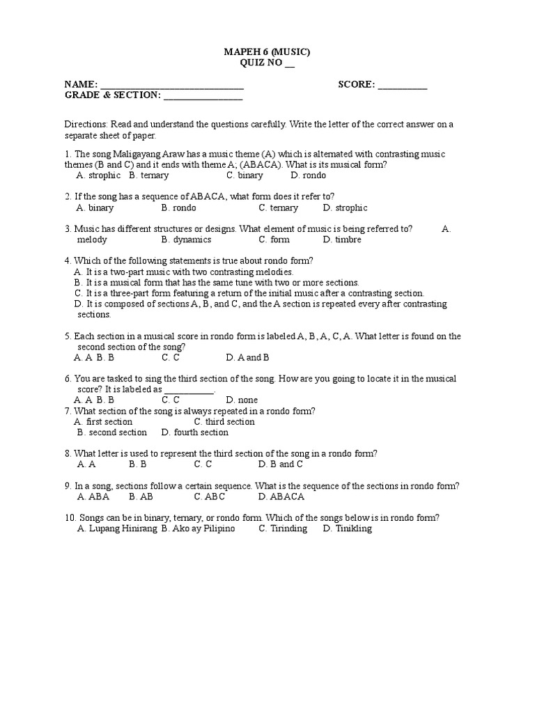 Music 6 Quiz No. 2 | PDF