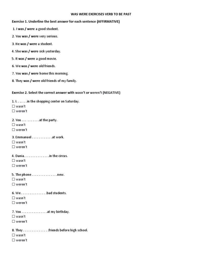 Was Were Exercises | PDF