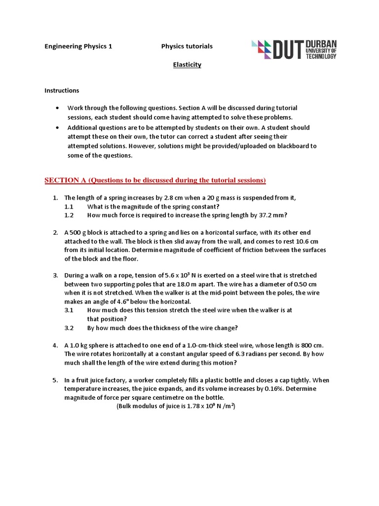 Engineering Physics 1 Elasticity Tutorial Questions | PDF | Force | Wire