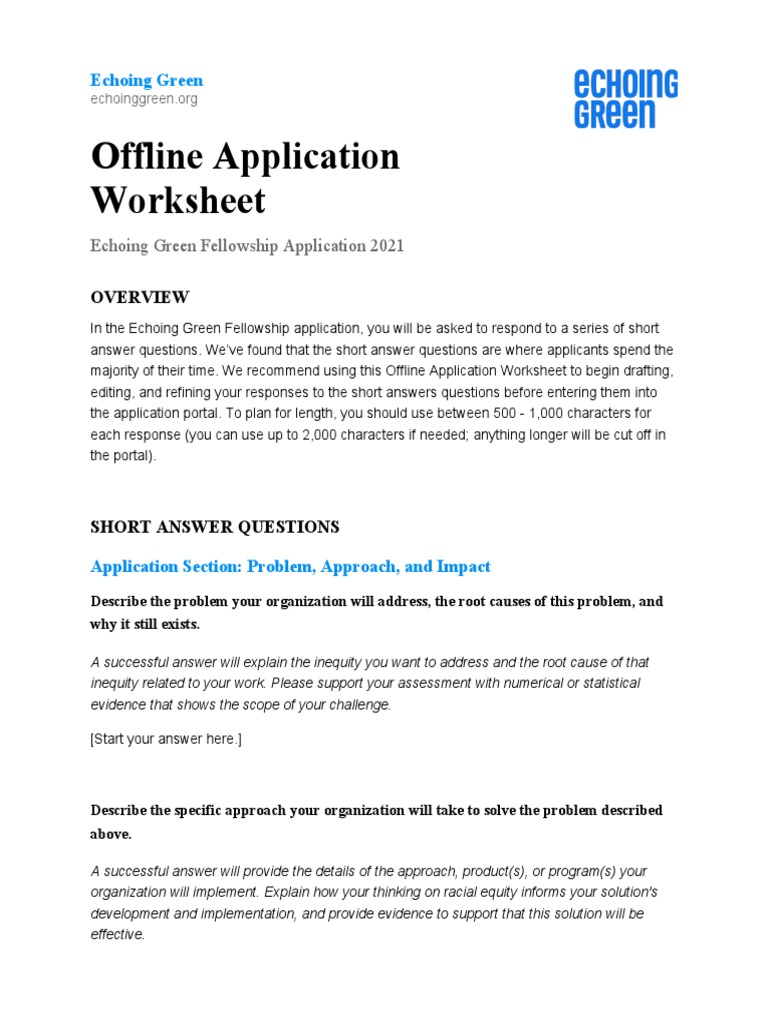 2021 Echoing Green Fellowship Offline Application Worksheet | PDF