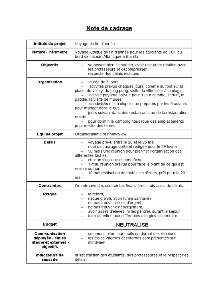 Note de Cadrage | PDF