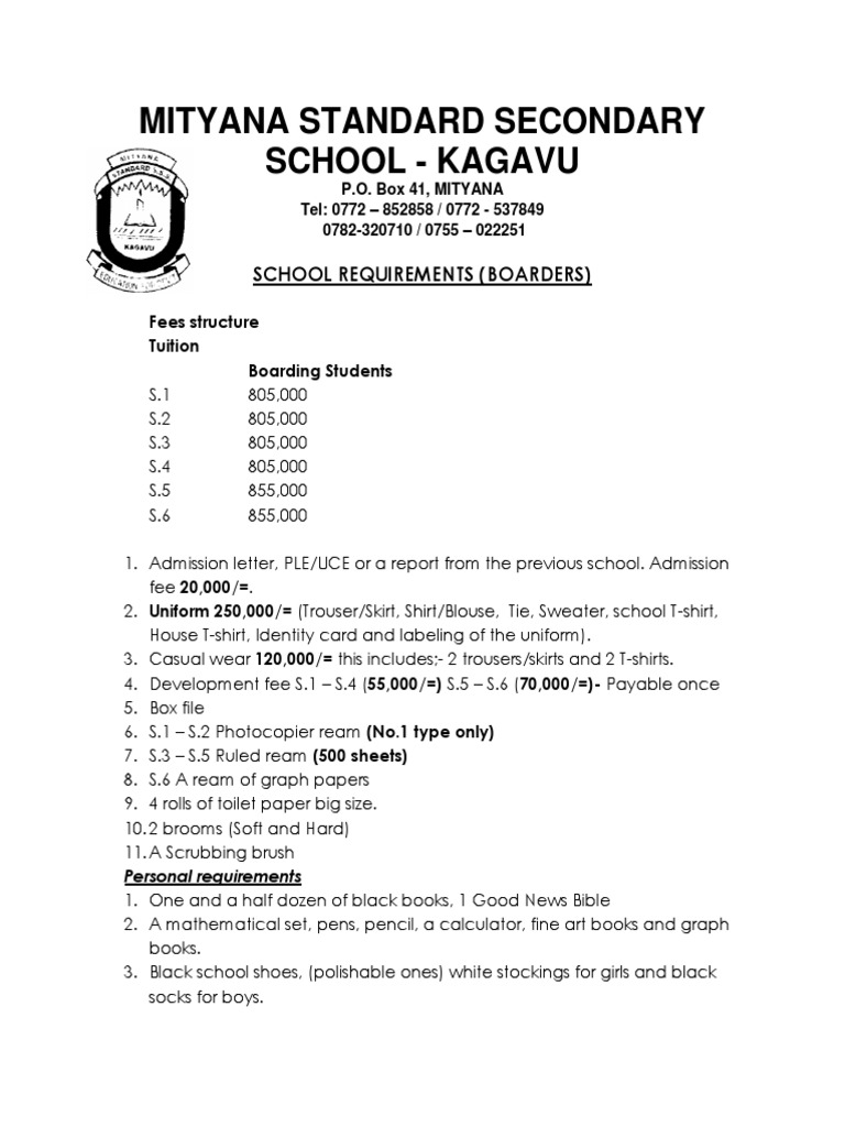 Mityana Secondary School Requirements | PDF