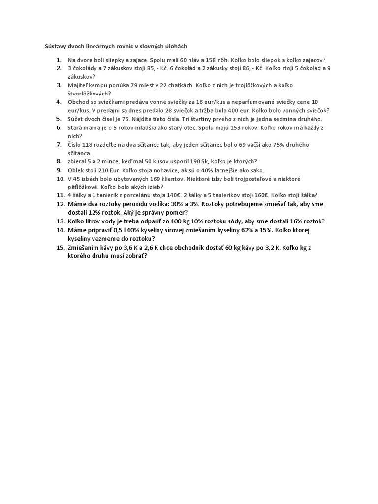 Sústavy Dvoch Lineárnych Rovníc V Slovných Úlohách | PDF Sústavy Dvoch Lineárnych Rovníc V Slovných Úlohách | PDF