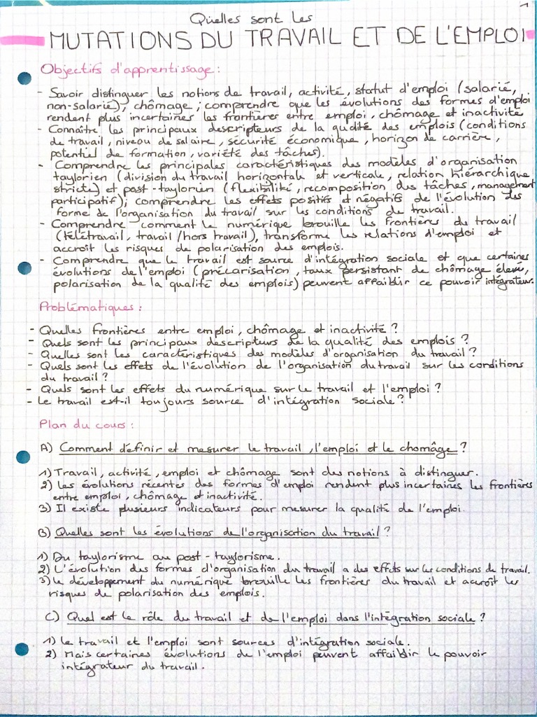 Fiches SES Terminale: Les Mutations Du Travail Et de L'emploi | PDF