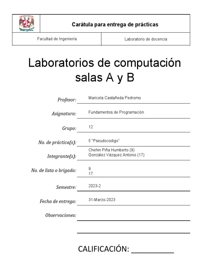 Carátula para entrega de prácticas de Fundamentos de Programación en Pseudocódigo | PDF ...