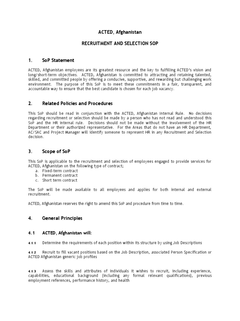 Recruitment and Selection SoP | PDF | Recruitment | Employment