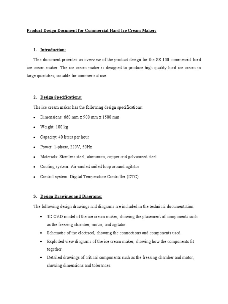 Product Design Document For Commercial Hard Ice Cream Maker | PDF