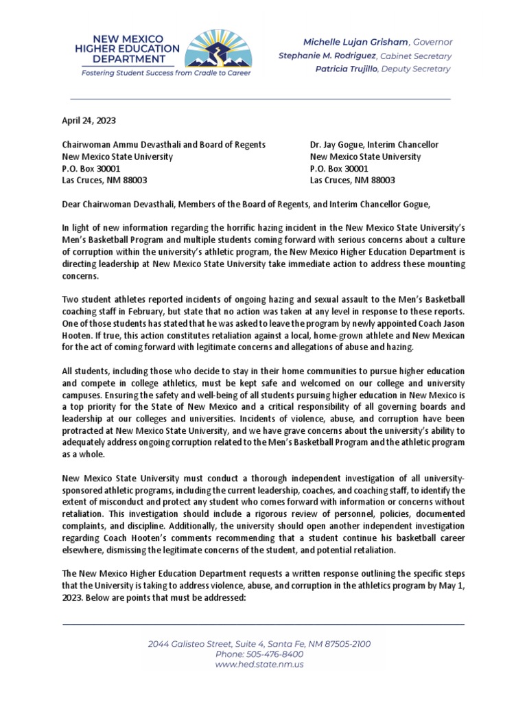 NMSU Athletics and Men's Basketball Letter 20230424 FINAL | PDF | New ...