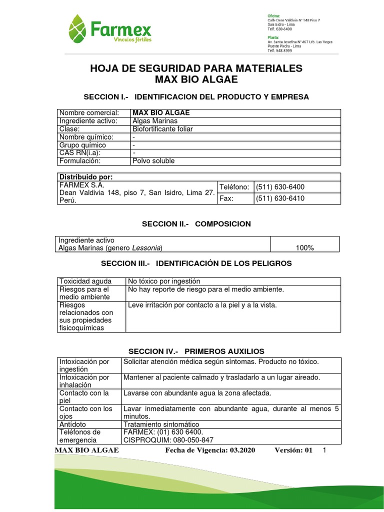 Hoja de Seguridad para Materiales Max Bio Algae: Seccion I ...