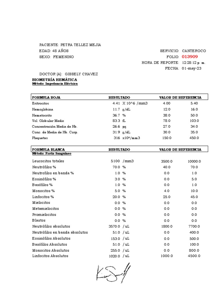 Biometría Hemática: Formula Roja Resultado Valor de Referencia | PDF | Sangre | Fluidos corporales