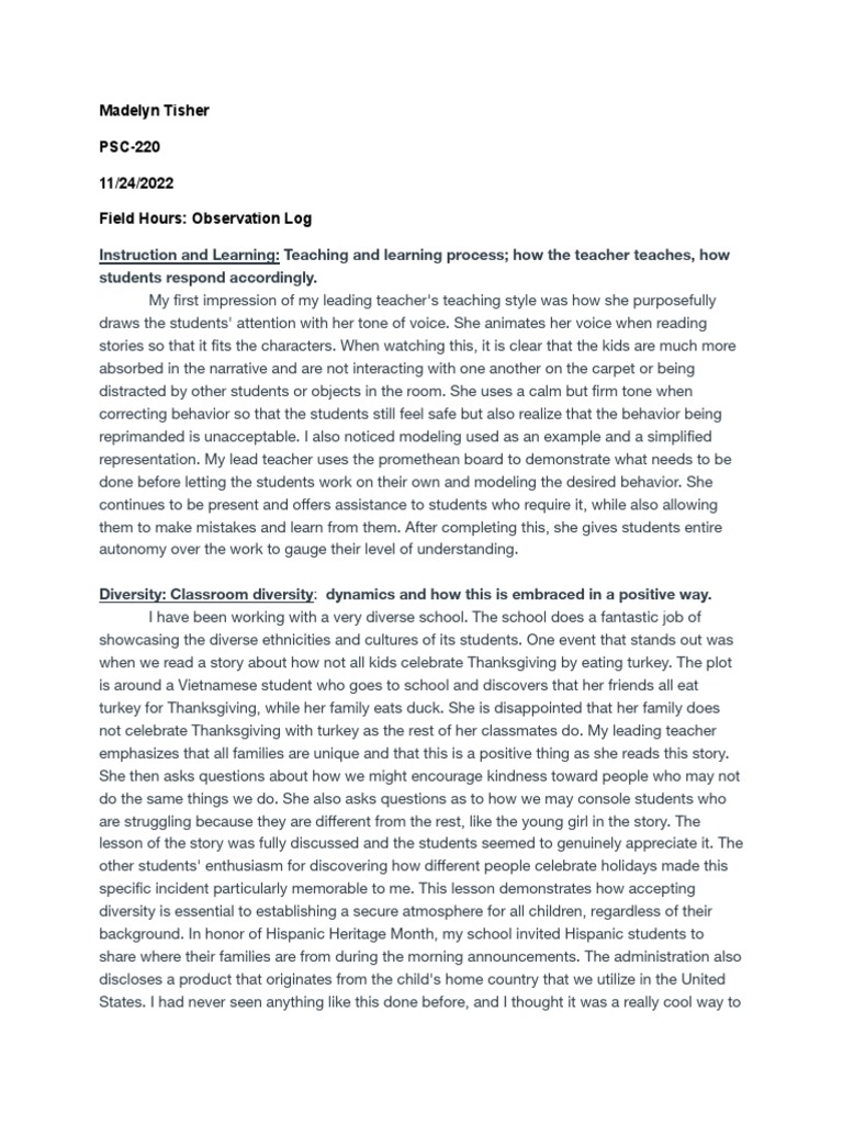 Field Hours - Observation Log | PDF | Teachers | Self Actualization