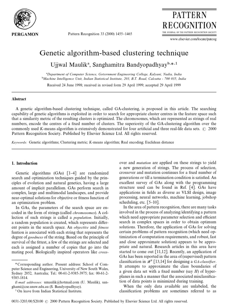Genetic Algorithm Based Clustering Technique Pdf Cluster Analysis Pattern Recognition