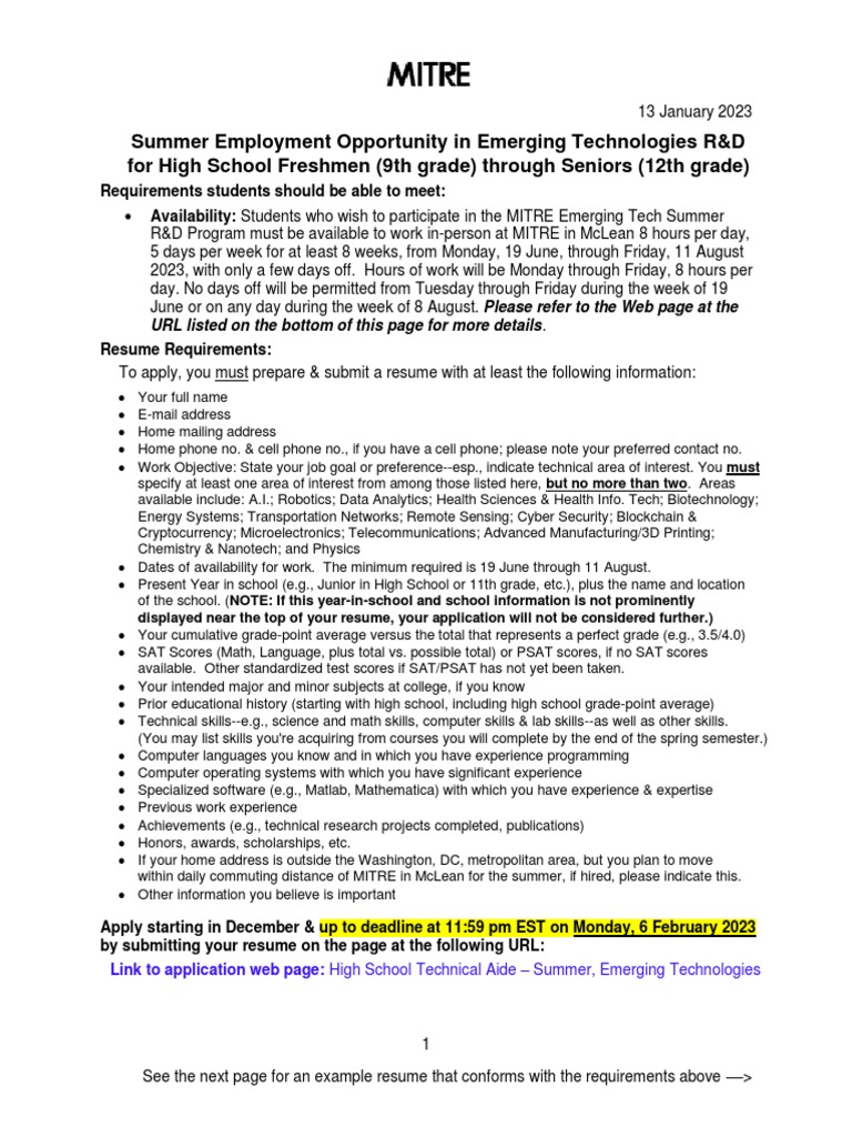 Handout For 2022-23 MITRE ET H.S. Student Staff Req | PDF | Computer Programming | Sat