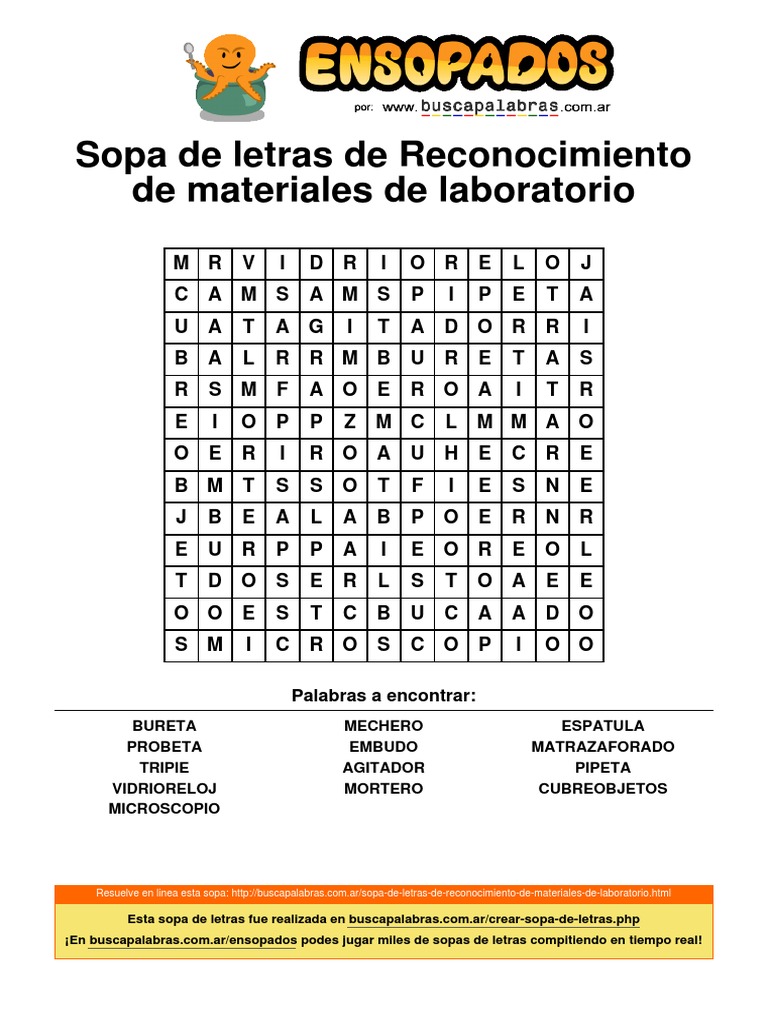 Sopa de Letras de Reconocimiento de Materiales de Laboratorio | PDF