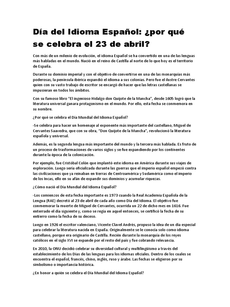 Día del Idioma Español: Origen y Celebración | PDF | España | Lengua ...