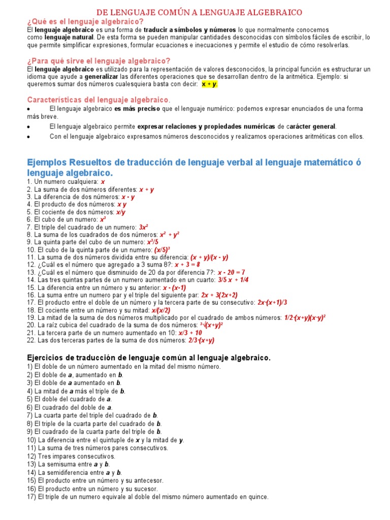 Ejemplos de Lenguaje Algebraico | PDF | Números | Álgebra abstracta