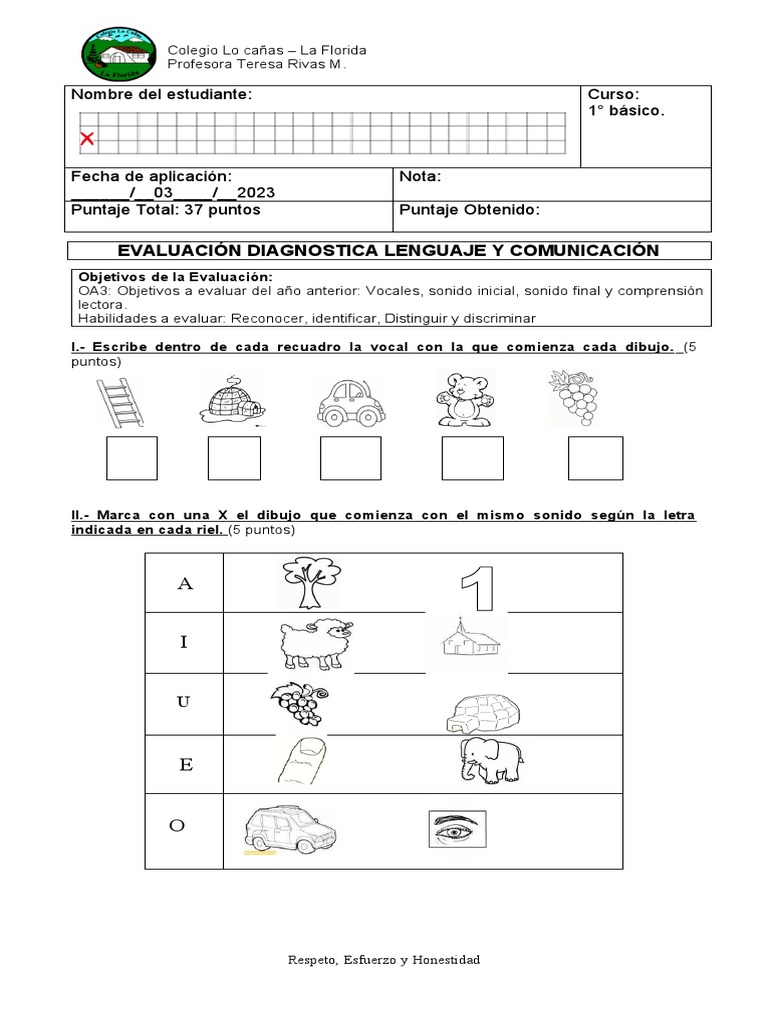 PRUEBA DIAGNOSTICO 1°básicolenguaje | PDF
