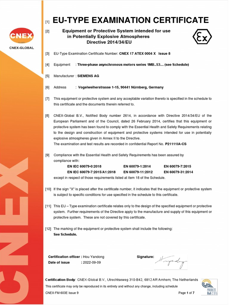 EU-Type Certificate for Siemens Motors | PDF | Electric Motor | Electrical Engineering