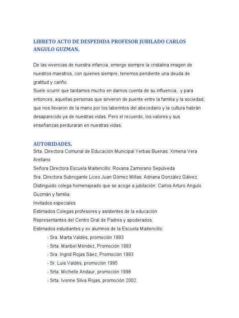 Libreto Acto de Despedida Profesor Jubilado Carlos Amgulo Guzman | PDF ... Libreto Acto de Despedida Profesor Jubilado Carlos Amgulo Guzman | PDF ...