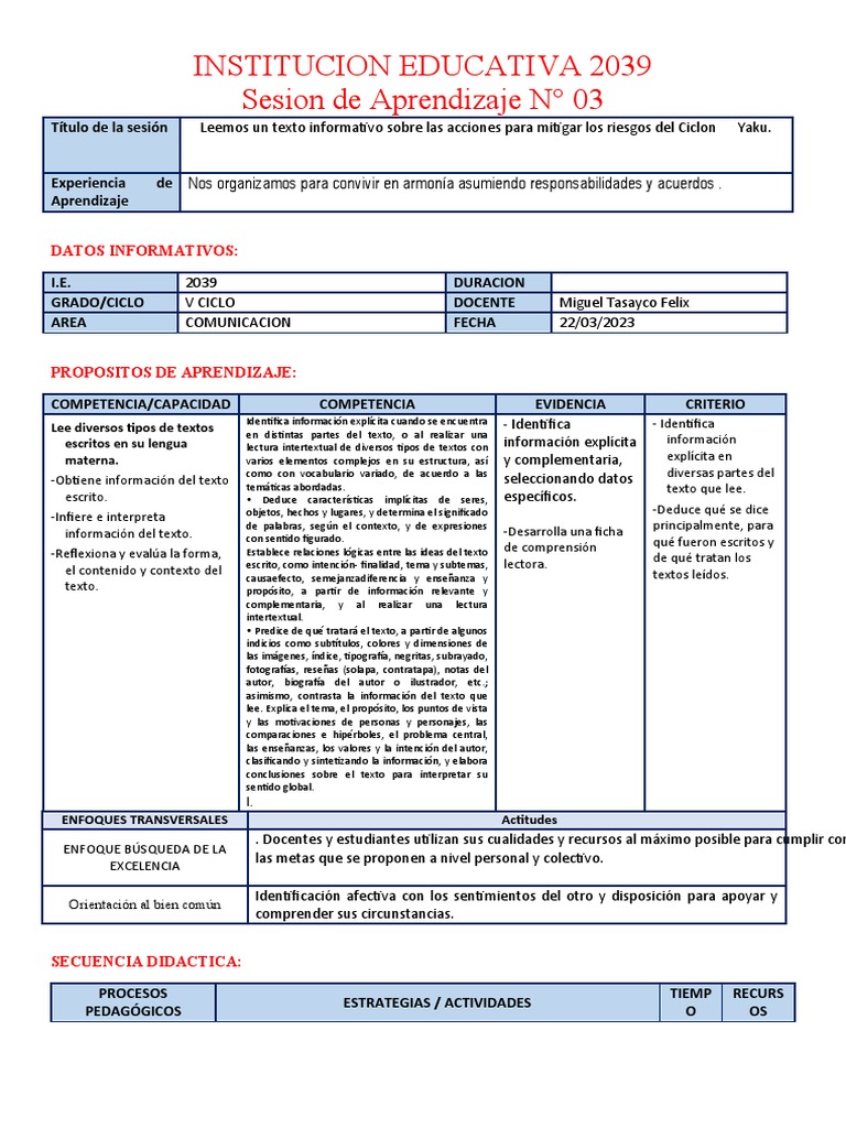 Sesion Ciclon Yaku Comu | PDF | Aprendizaje | Evaluación