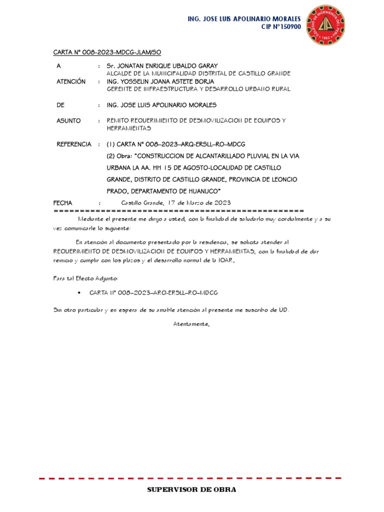 Carta #008-2023-Mdcg-Sup - Jlam (1) - Desmovilizacion | PDF | Inundar ...