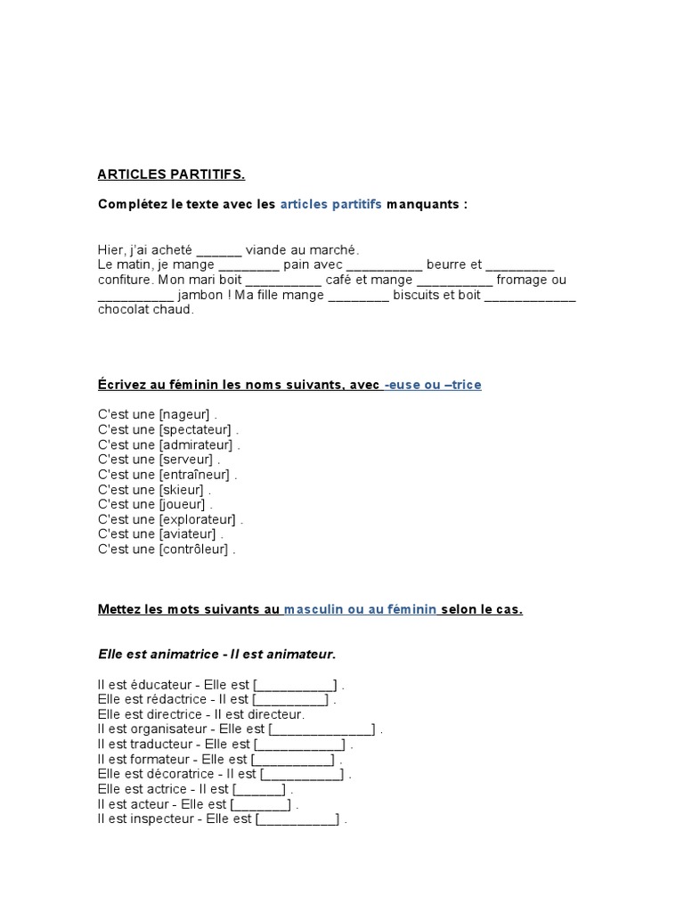 Exercices sur les articles partitifs | PDF