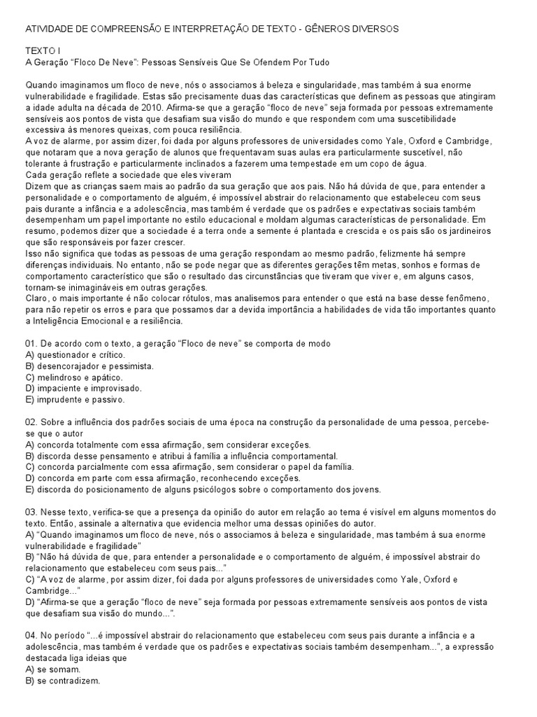Atividade de Compreensão e Interpretação de Texto - Gêneros Diversos ...