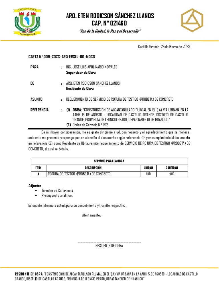 Carta #009-2023 - Requerimiento de Rotura de Probeta | PDF