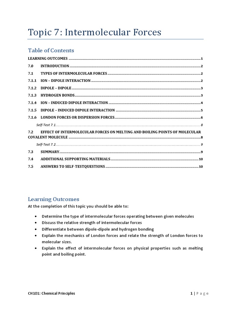 Topic 7 Intermolecular Forces | PDF | Intermolecular Force | Chemical ...