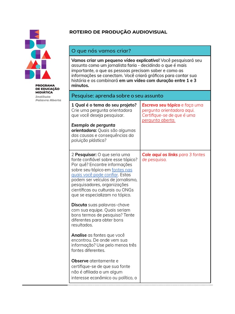 ROTEIRO DE PROJETO - Criar para Aprender | PDF | Licença Creative ...