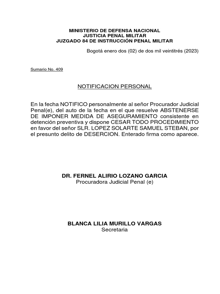 NOTIFICACION PERSONAL Suma 409 | PDF