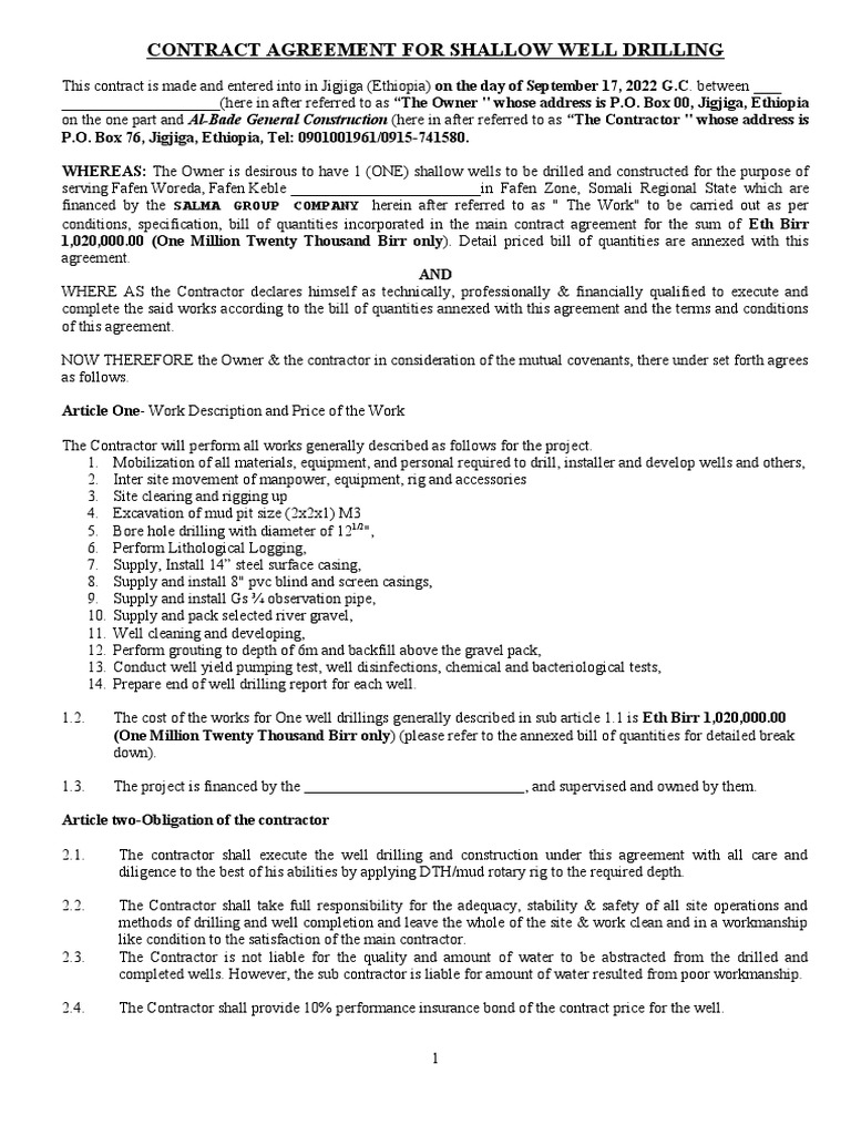 Contract Agreement For Fafen Shallow Well DRILLING | PDF | Oil Well | Damages