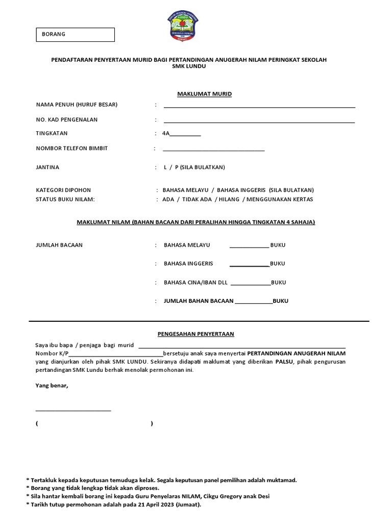 Contoh Borang Pendaftaran Untuk Pertandingan Anugerah NILAM | PDF