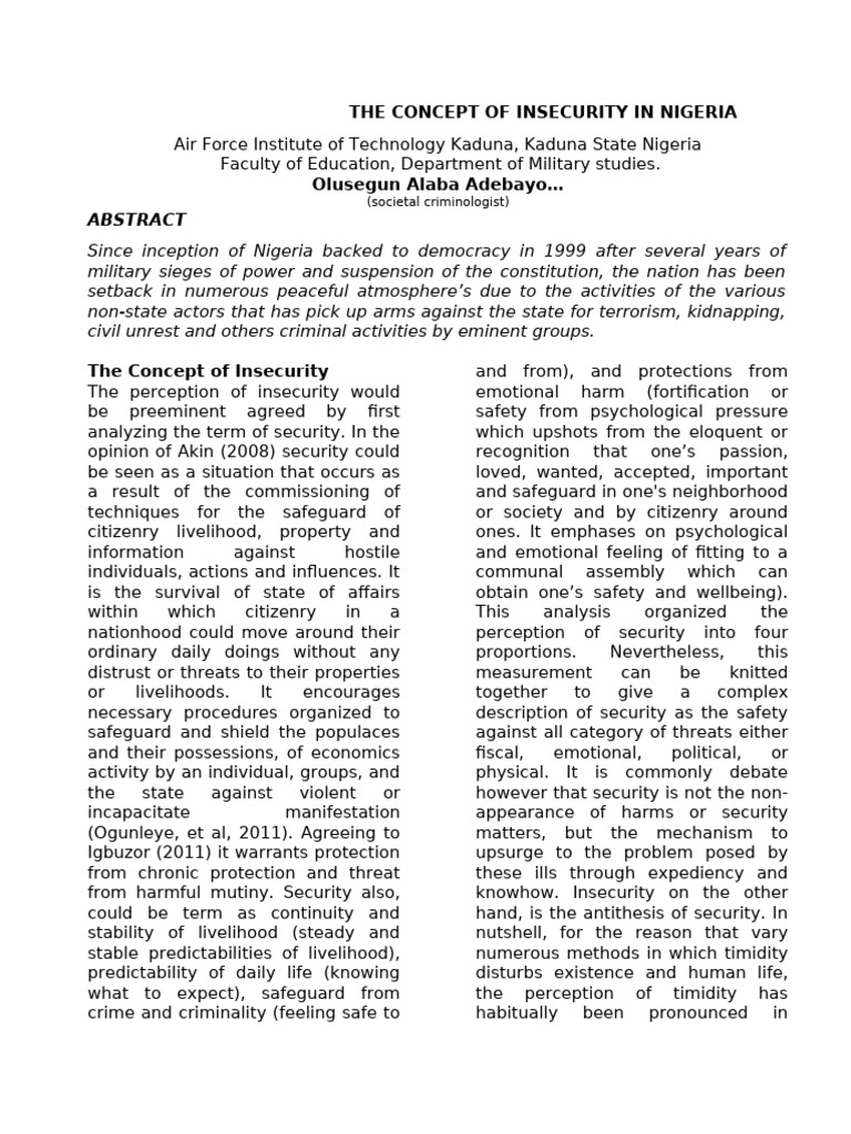 The Concept of Insecurity in Nigeria | PDF | Nigeria | National Security