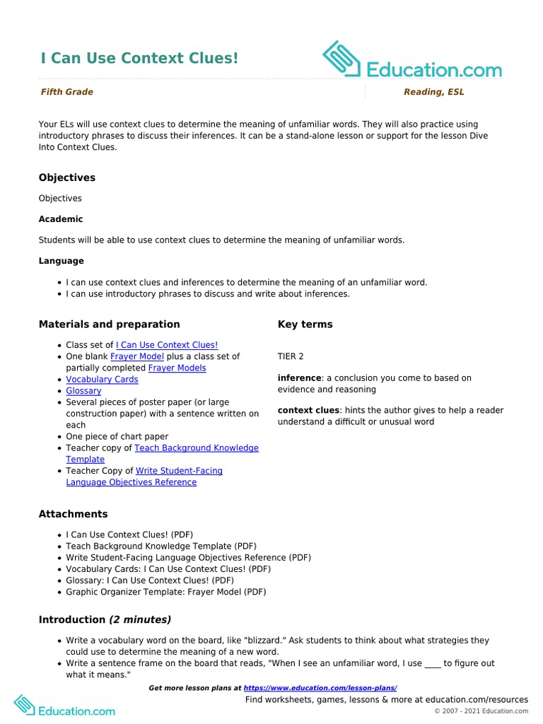 D3 - Inferences and Context Clues | PDF | Adjective | Lesson Plan