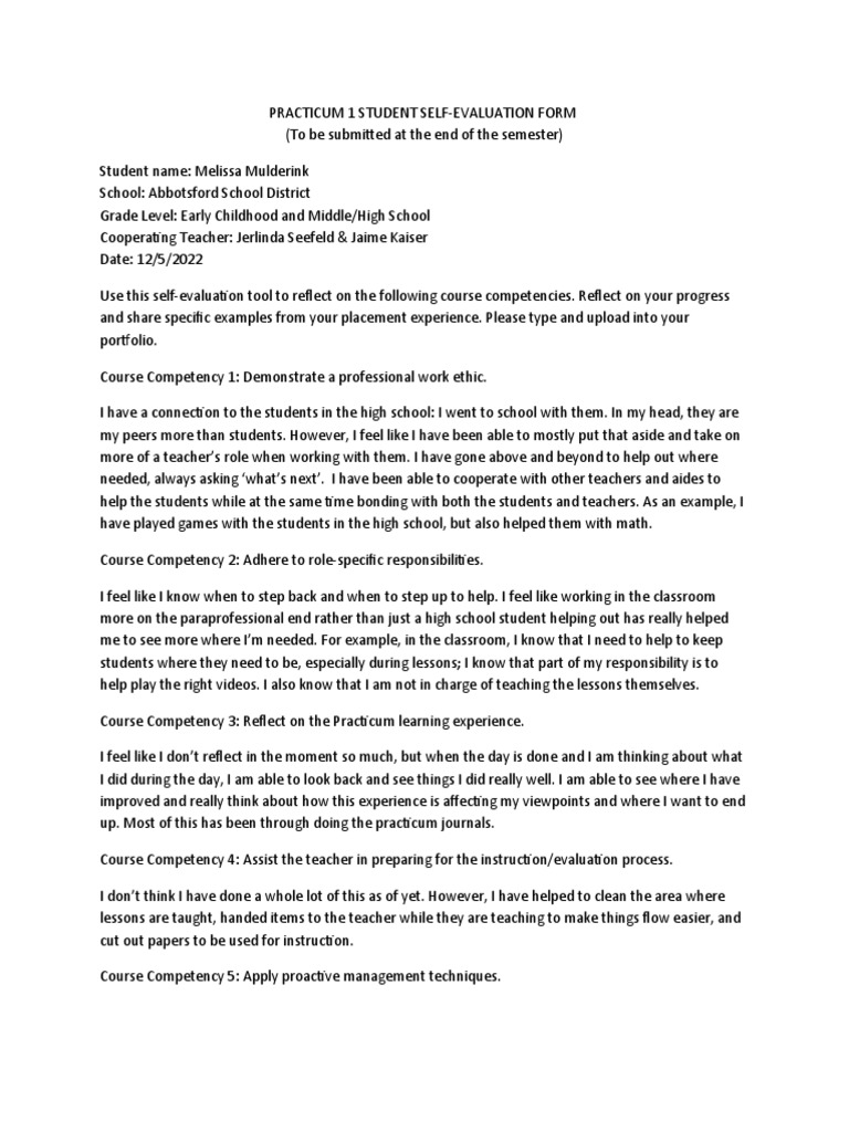 Practicum Self-Evaluation Form | PDF | Classroom | Teachers