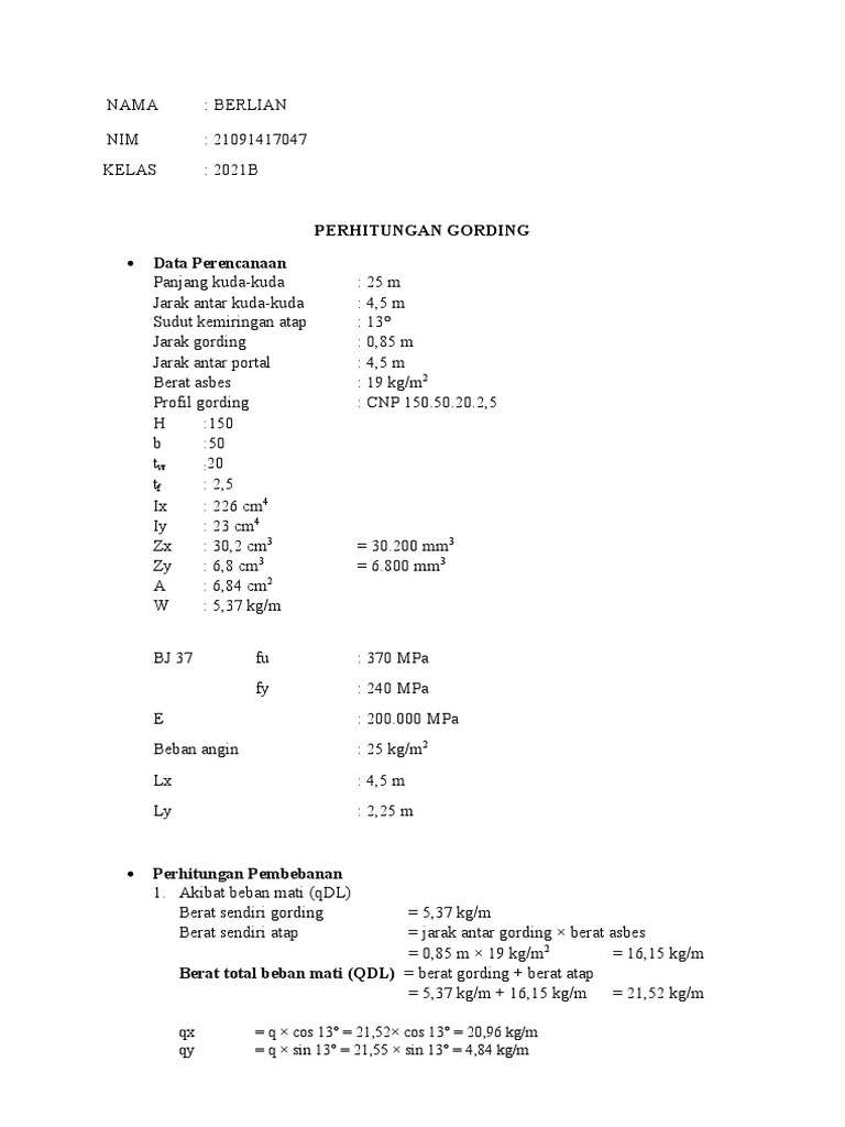Perhitungan Struktur Gording Atap | PDF