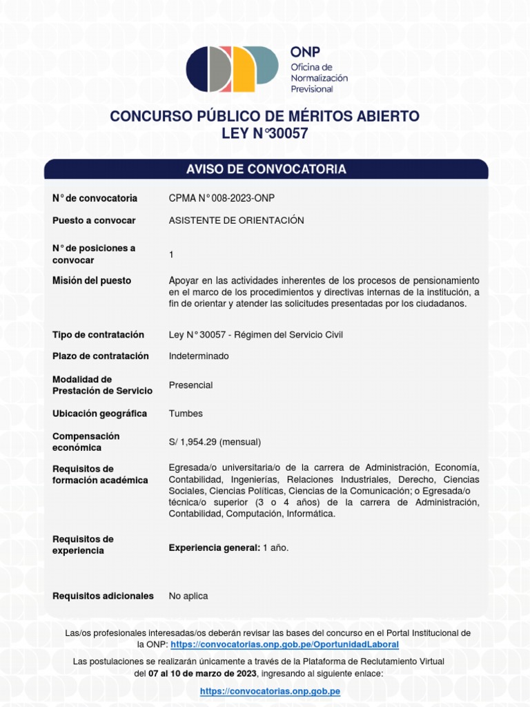 Bases Cpma #008-2023-Onp | PDF | Educación más alta | Reclutamiento