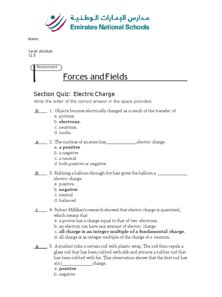 Forces and Fields: Section Quiz: Electric Charge | PDF | Electric Charge | Electron