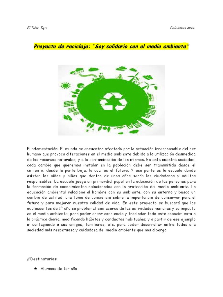 Proyecto De Reciclaje Pdf Entorno Natural