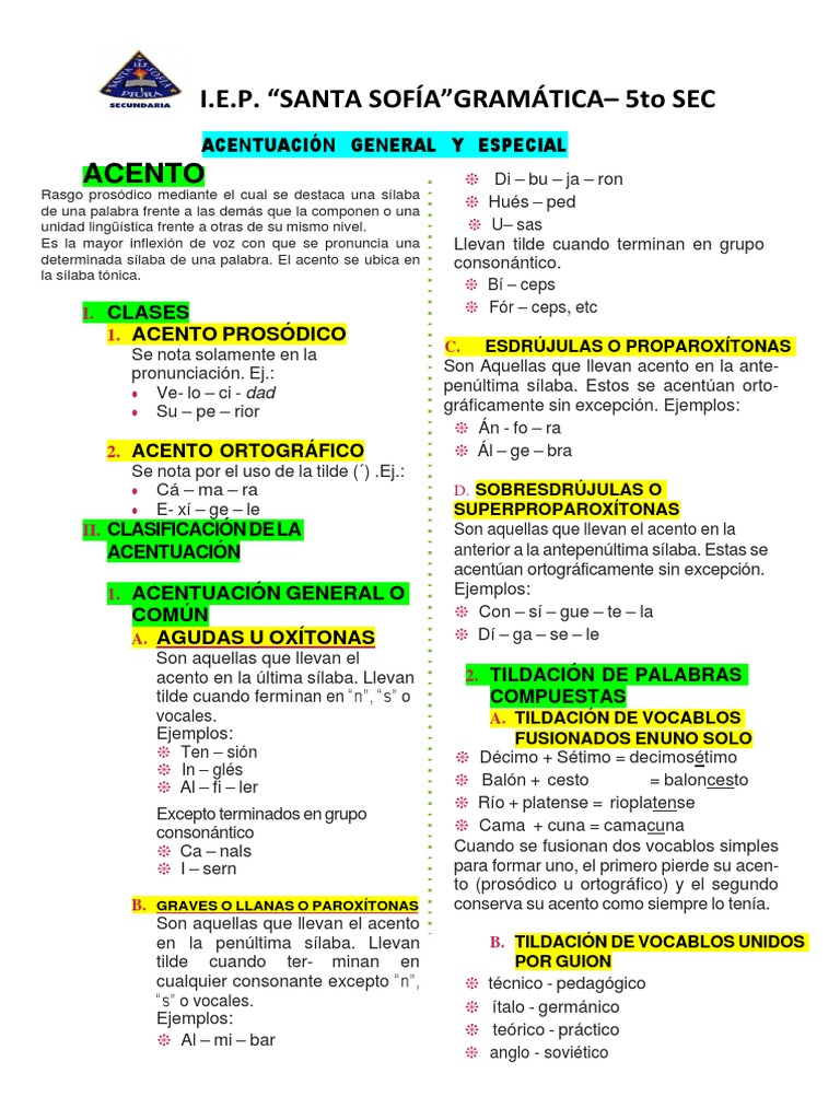 GRAMÁTICA - ACENTUACIÓN GENERAL Y ESPECIAL - 5to SEC. | PDF | Fonología ...