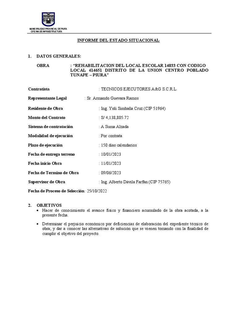 Estado Situacional de Obra Tunape Marzo | PDF | Fundación (Ingeniería ...