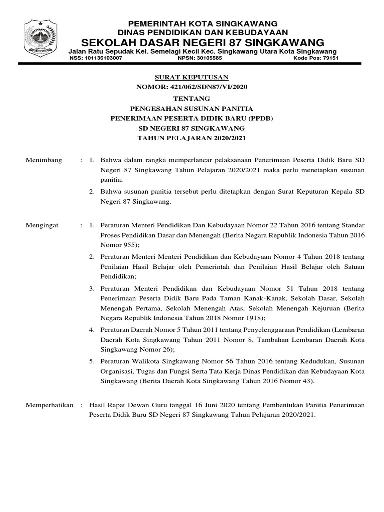 SK Panitia PPDB 2019 2020 | PDF