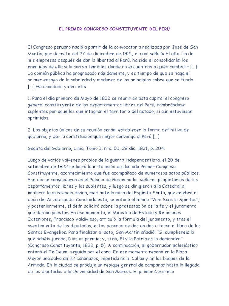 El Primer Congreso Constituyente Del Peru | PDF | Perú | América del Sur