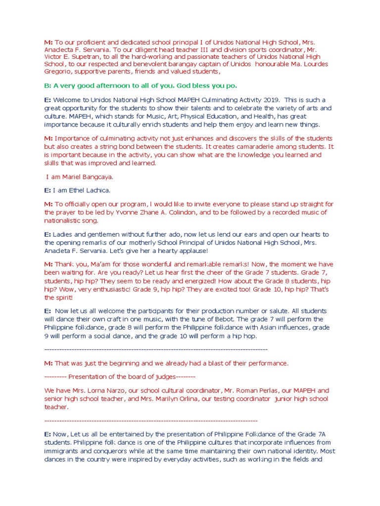 Emcee Script Mapeh Culminating Program PDF Free | PDF