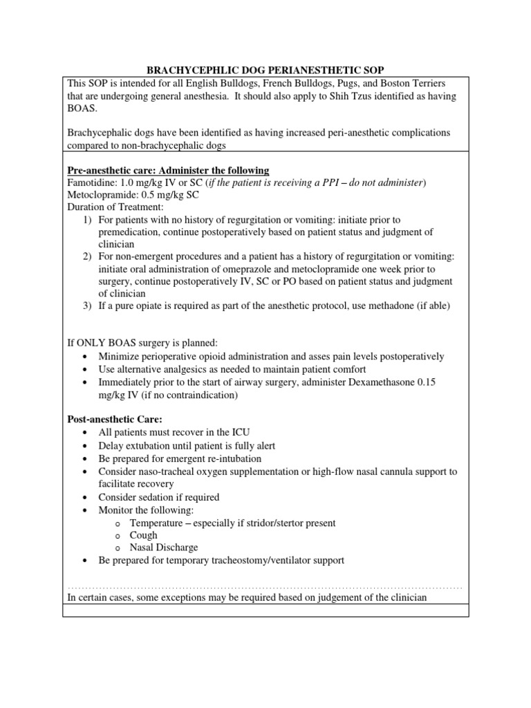 Brachycephalic Anesthesia SOP v1 | PDF
